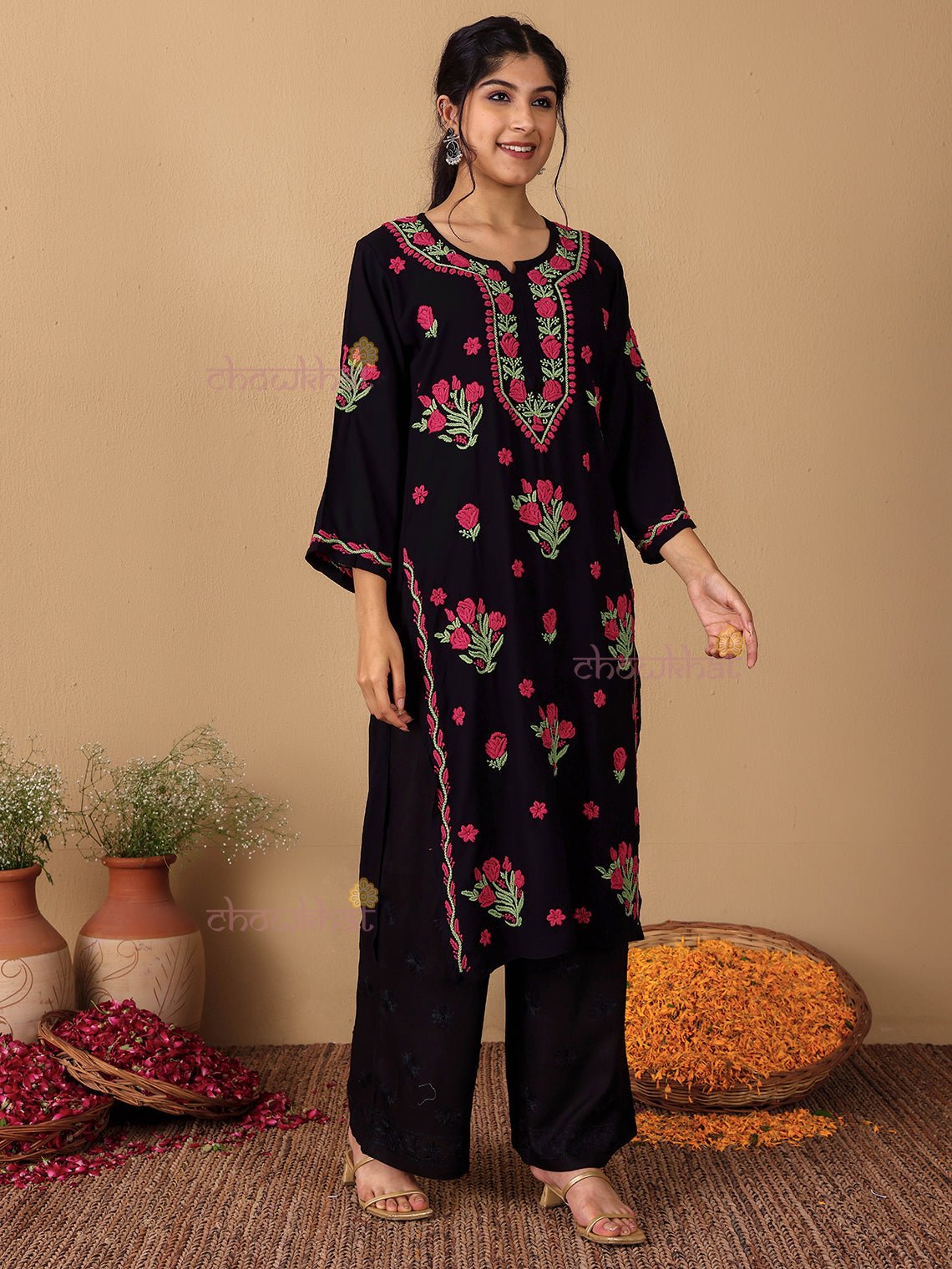 Ramya Rayon Straight Multi Color Chikankari Kurti